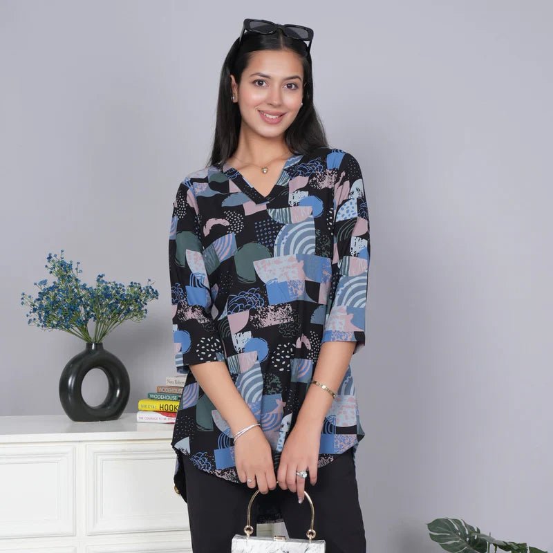 Printed rayon v neck flare top