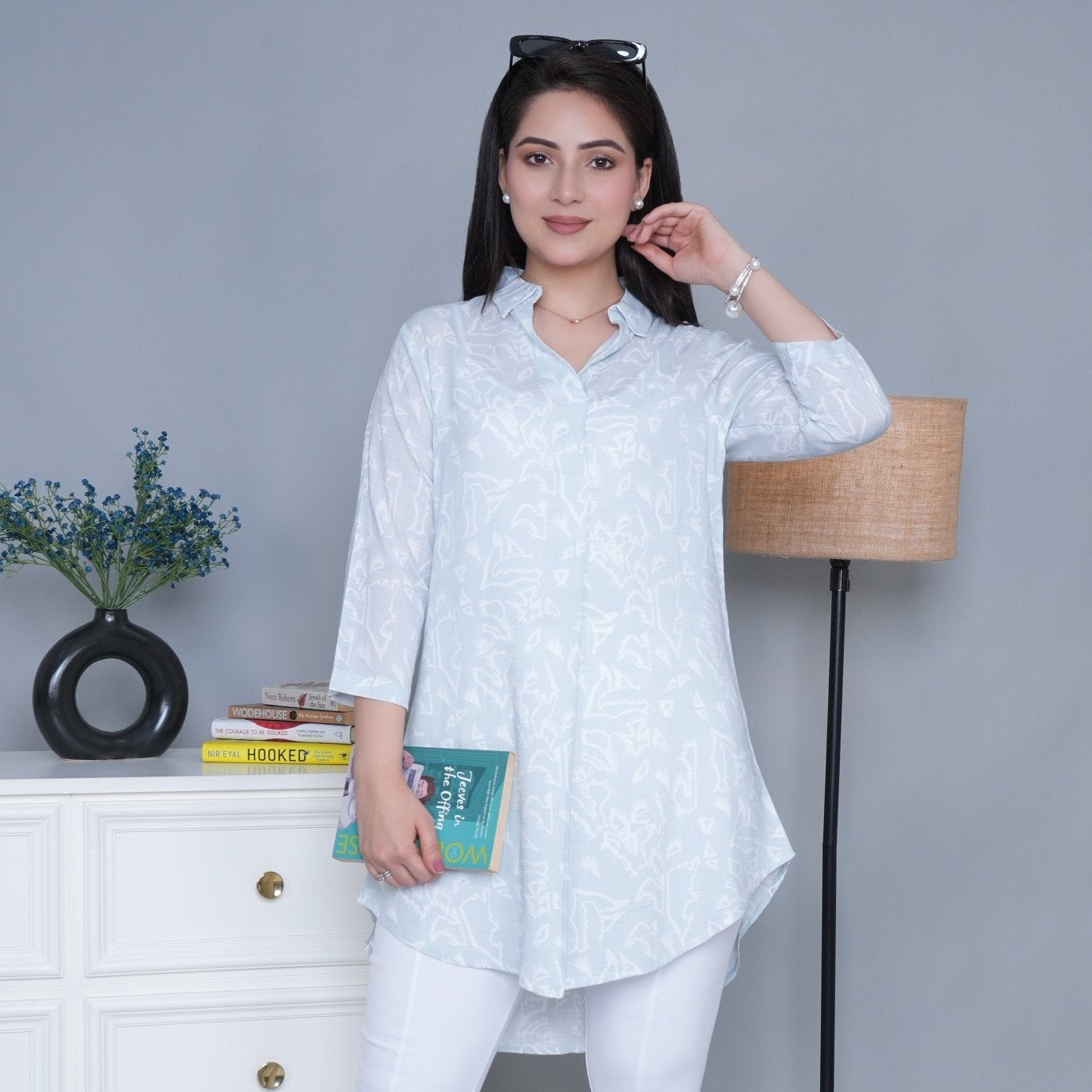 Aqua cotton flare printed top for women, casual & formal tops for women.