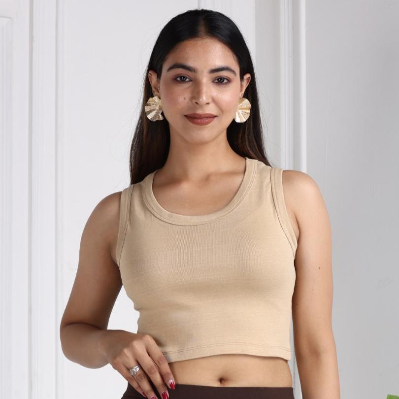 Beige rib crop vest for women