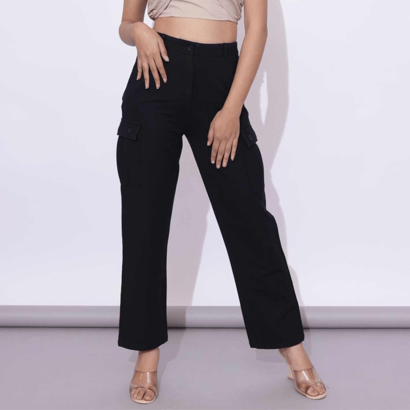 Black denim cargo pants & trousers for women, Casual wear - Loose fit.