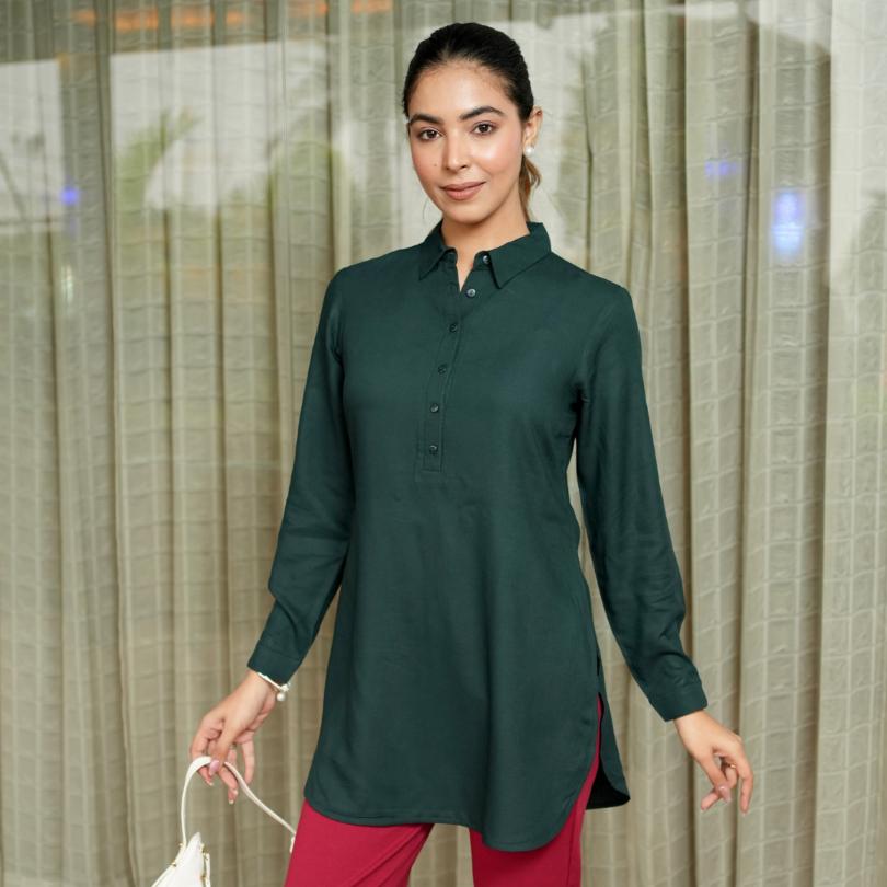 Bottle green long line shirt for women, casual & formal shirt for women.
