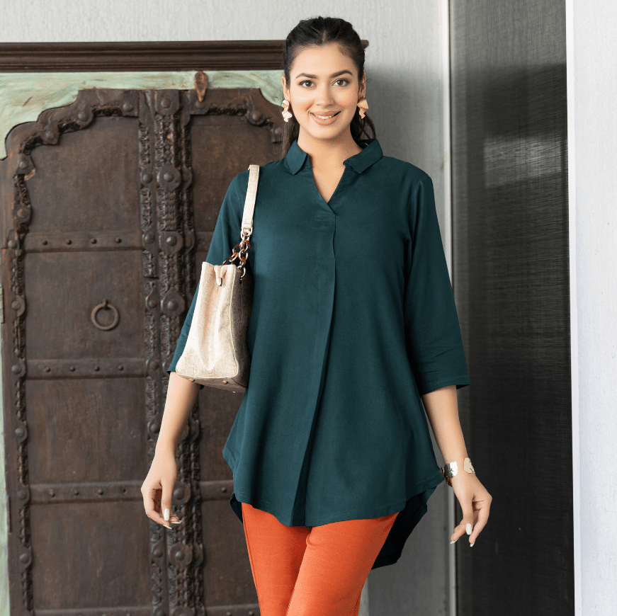 Bottle green rayon flare top for women, casual & formal tops for women.