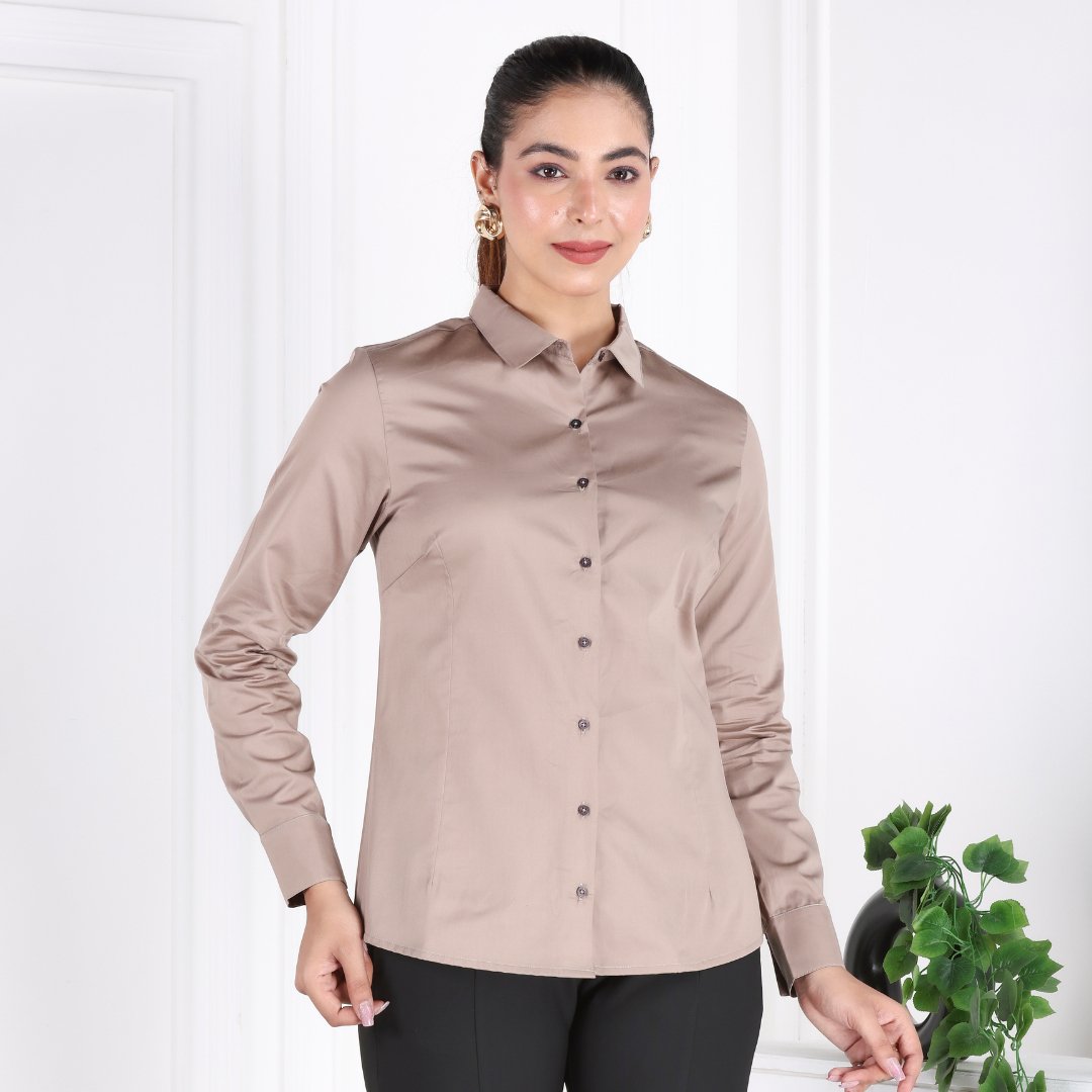 Brown cotton full sleeve shirt for women