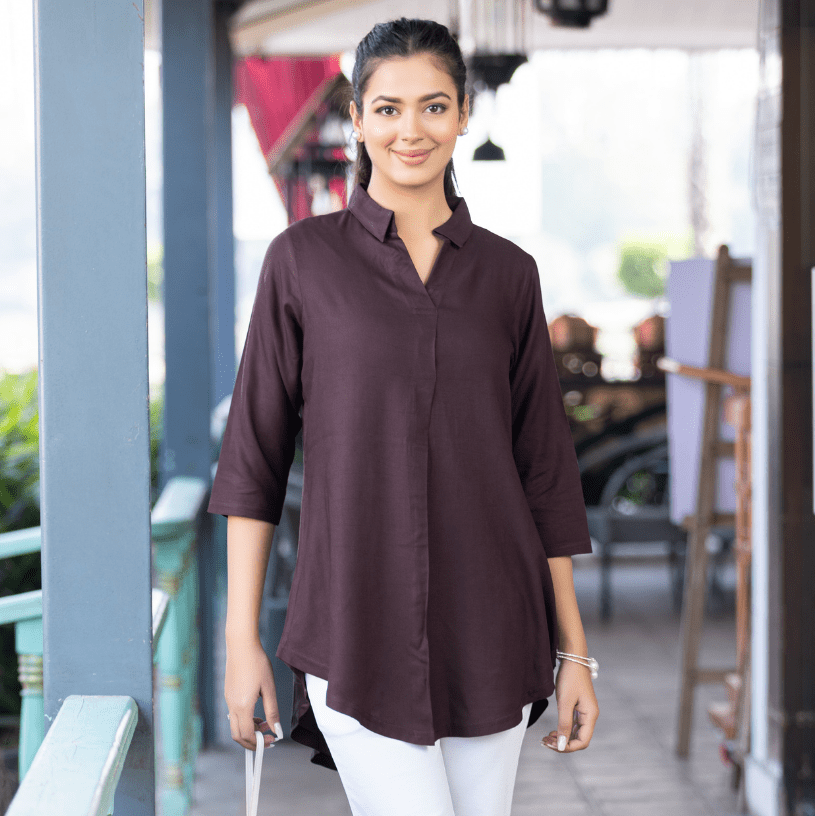 Dark chocolate rayon flare top for women, casual & formal tops for women.