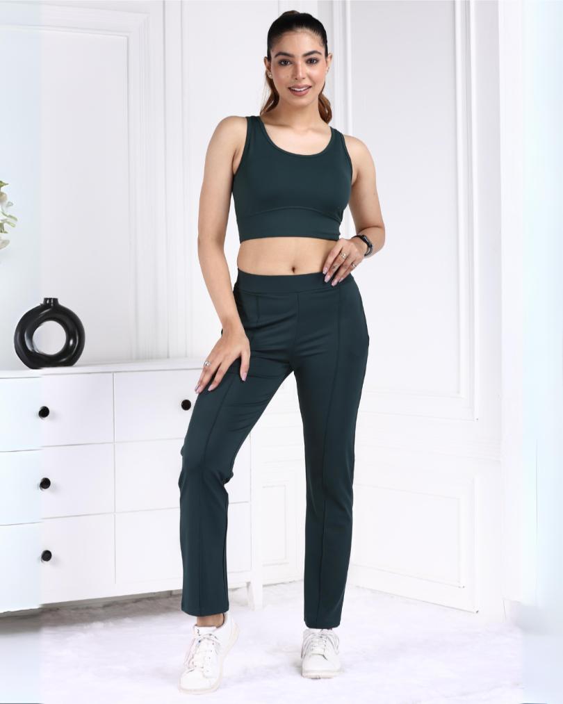 Dark green yoga pants for women, straight-fit workout & exercise pants.