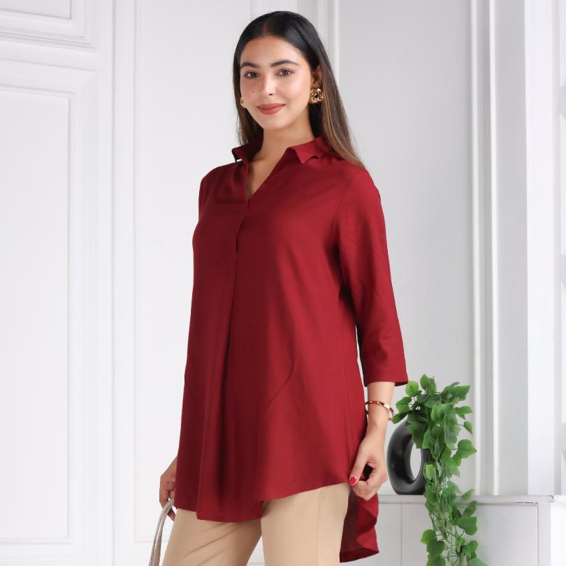 Dark maroon rayon flare top for women, casual & formal tops for women.