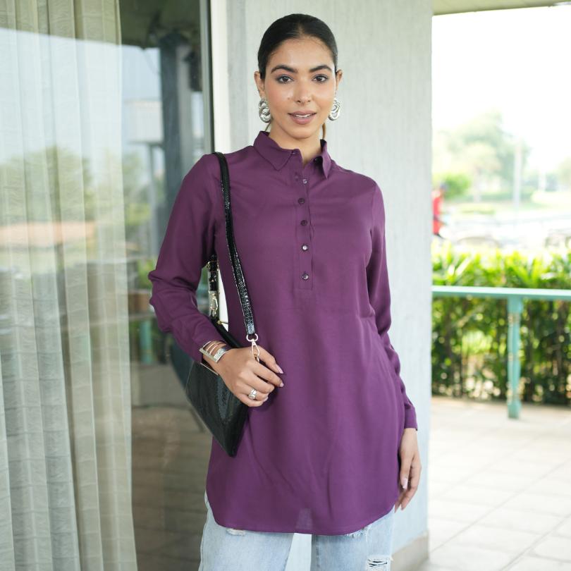Dark purple long line shirt for women, casual & formal shirt for women.