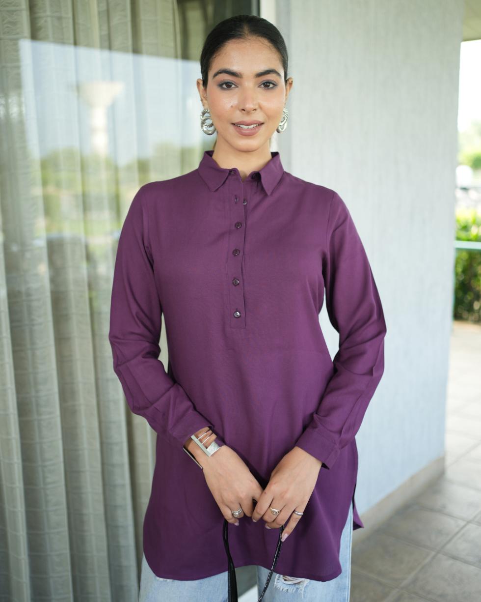 Dark purple long line shirt for women, casual & formal shirt for women.