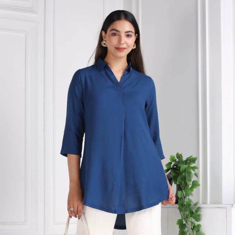 Indigo blue rayon flare top for women, casual & formal tops for women.