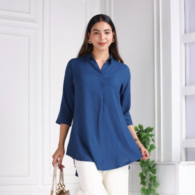 Indigo blue rayon flare top for women, casual & formal tops for women.