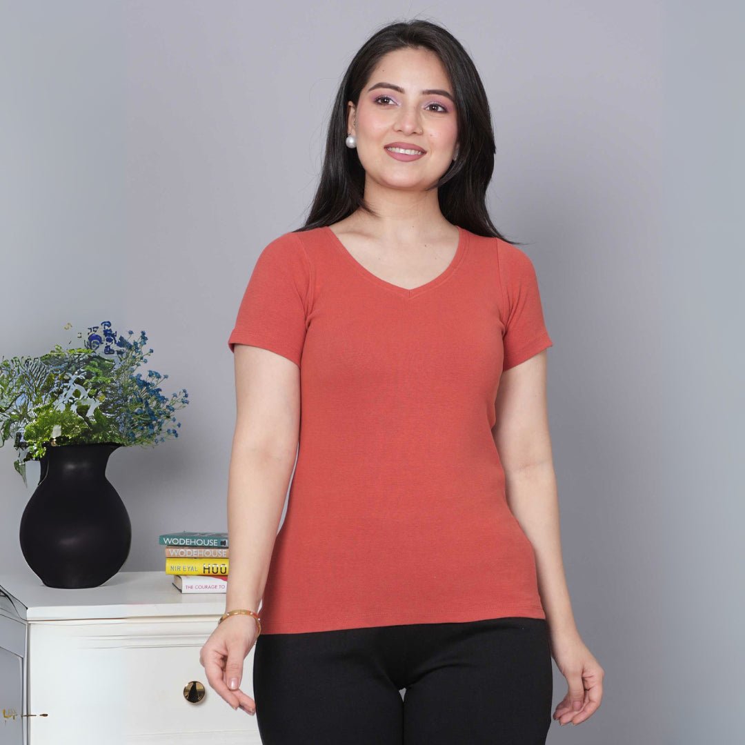 Rust Stretchable V Neck Rib T Shirt