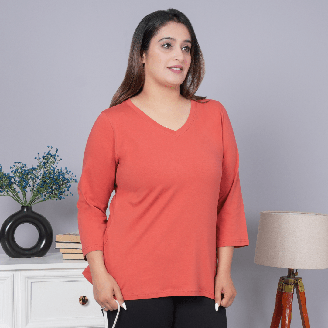 Rust V-neck cotton 3/4 sleeve t-shirt for women
