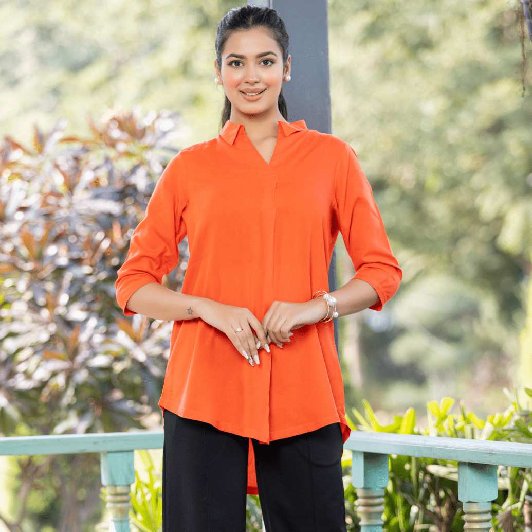 Spicy orange rayon flare top for women, casual & formal tops for women.